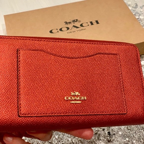 Coach | Bags | Coach Metallic Red Leather Zip Accordion Wallet | Poshmark